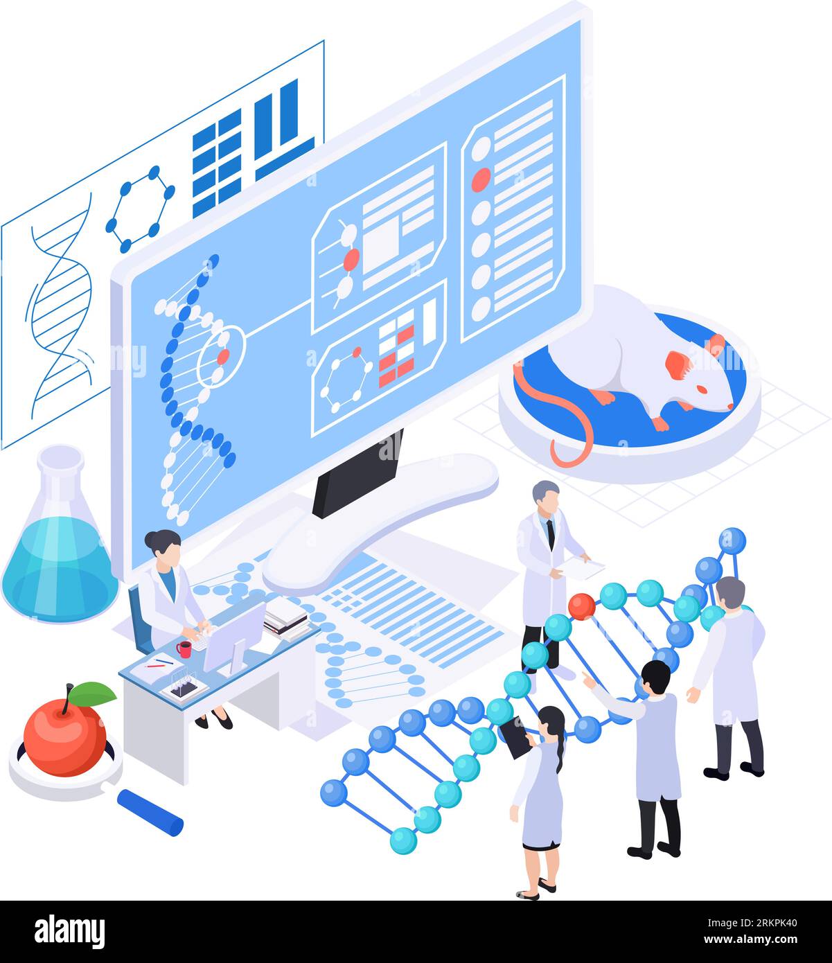 Biotechnology isometric composition with group of scientists holding big dna model with ...