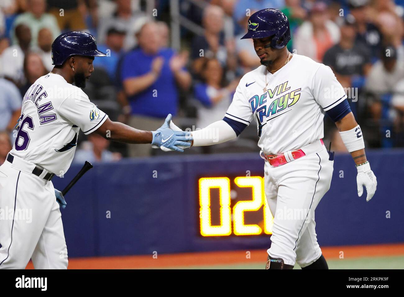 Tampa Bay Rays' Yandy Diaz, right, celebrates with Randy Arozarena ...