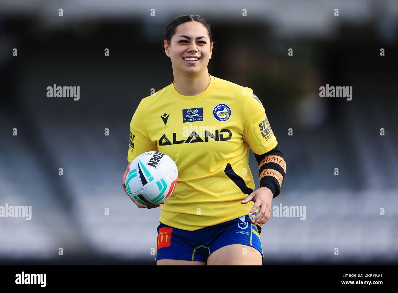 Sydney, Australia. 26th Aug, 2023. Rueben Cherrington of the Eels warms ...