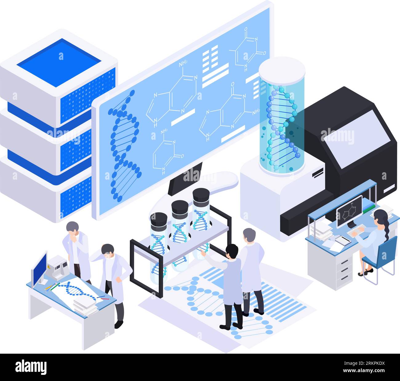 Biotechnology isometric composition with icons of computer screen server rack scientists and ...
