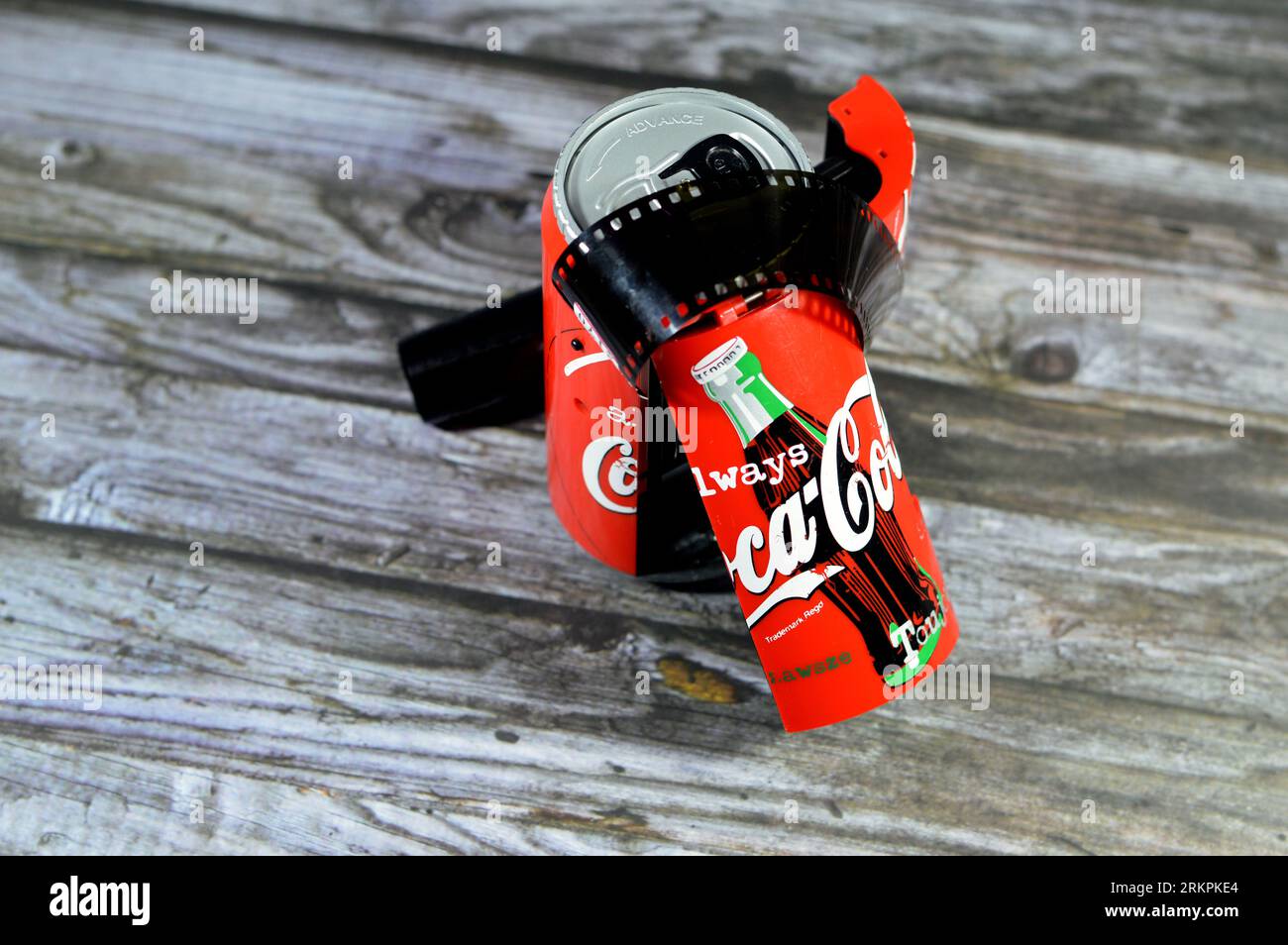 Giza, Egypt, August 19 2023: Coca-Cola reusable film camera, build in ...