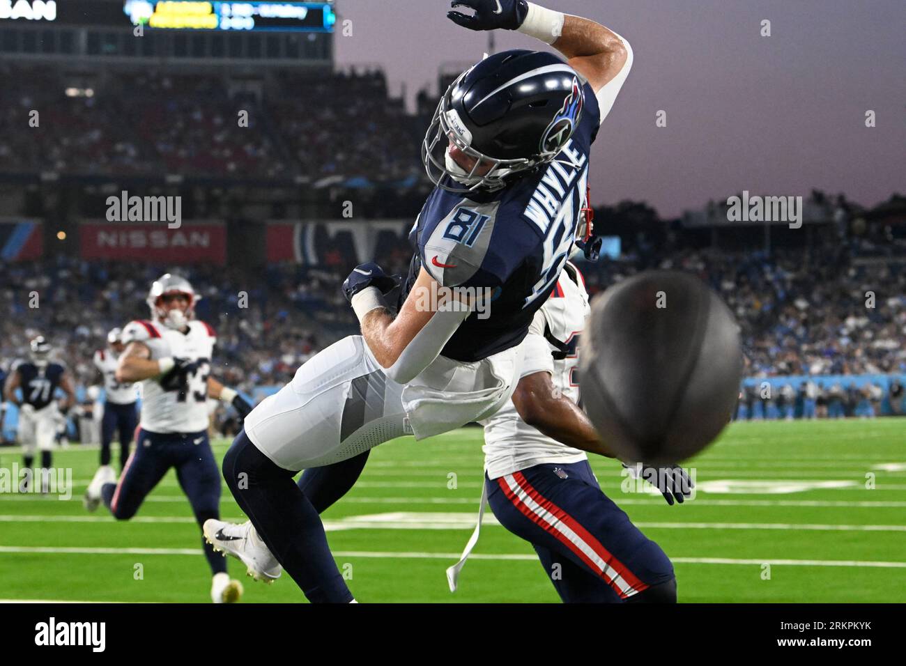 Tennessee Titans tight end Josh Whyle (81) can't reach a pass in the ...
