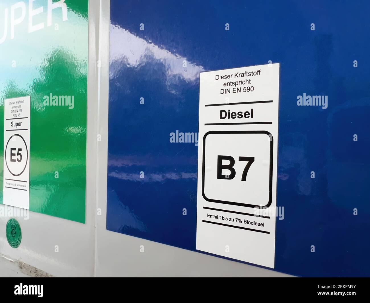 Karlsruhe, Germany - Jul 12, 2023: Close-up of B7 Diesel signage with text this gas is according ...