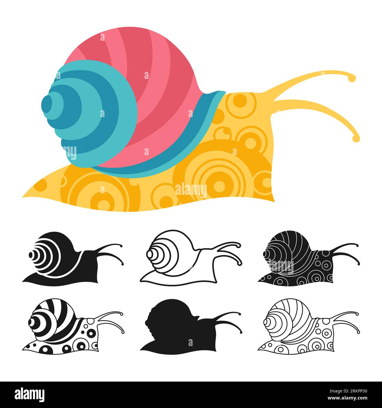 Snail with ornament cartoon set. Happy comic abstract mollusk kid ...