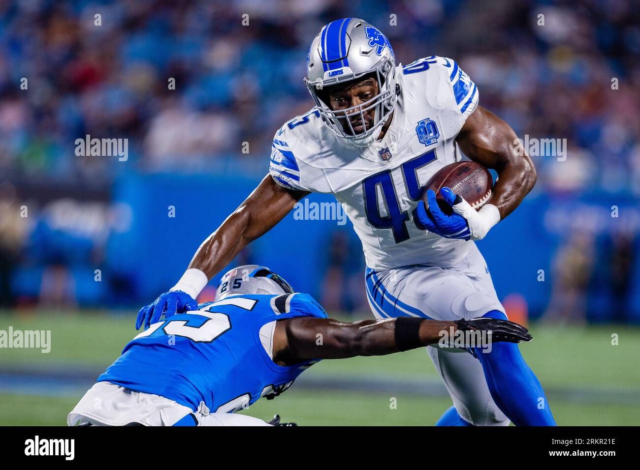 August 25, 2023: Detroit Lions fullback Jason Cabinda (45) tries to get ...