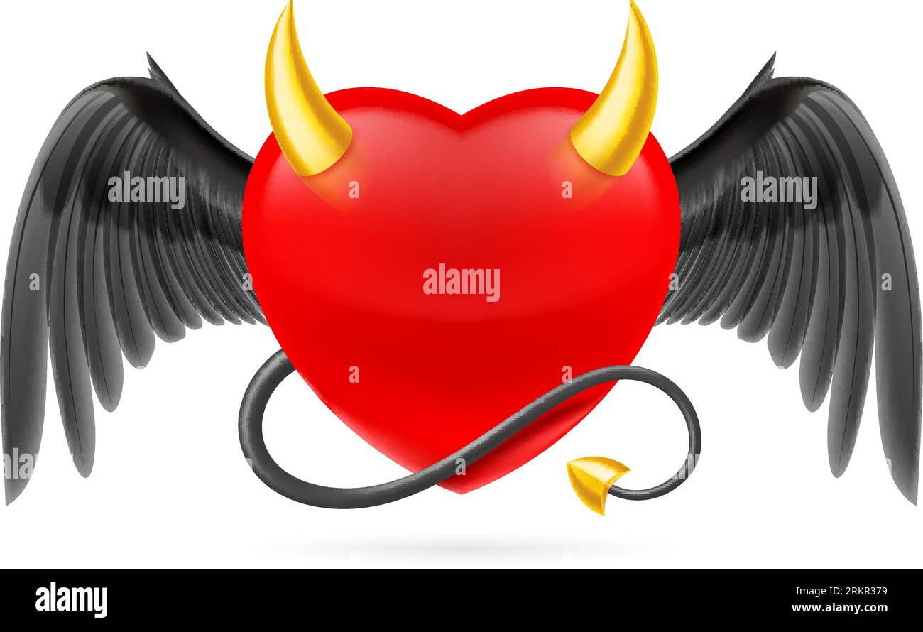 Red Heart with Golden Horns, Black Wings and Devil Tail. Cute Cartoon ...
