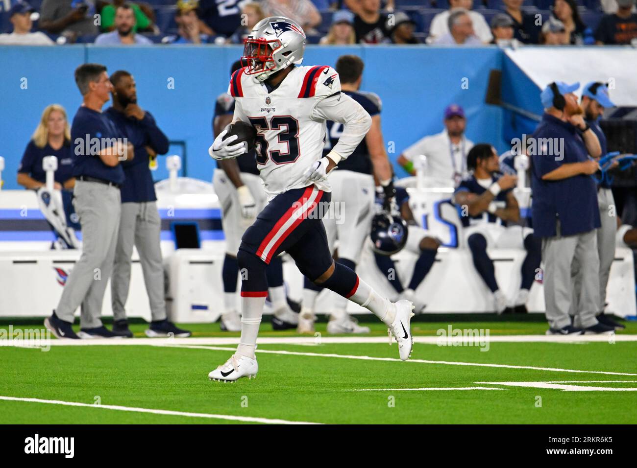 New England Patriots linebacker Joe Giles-Harris (53) reacts after his ...