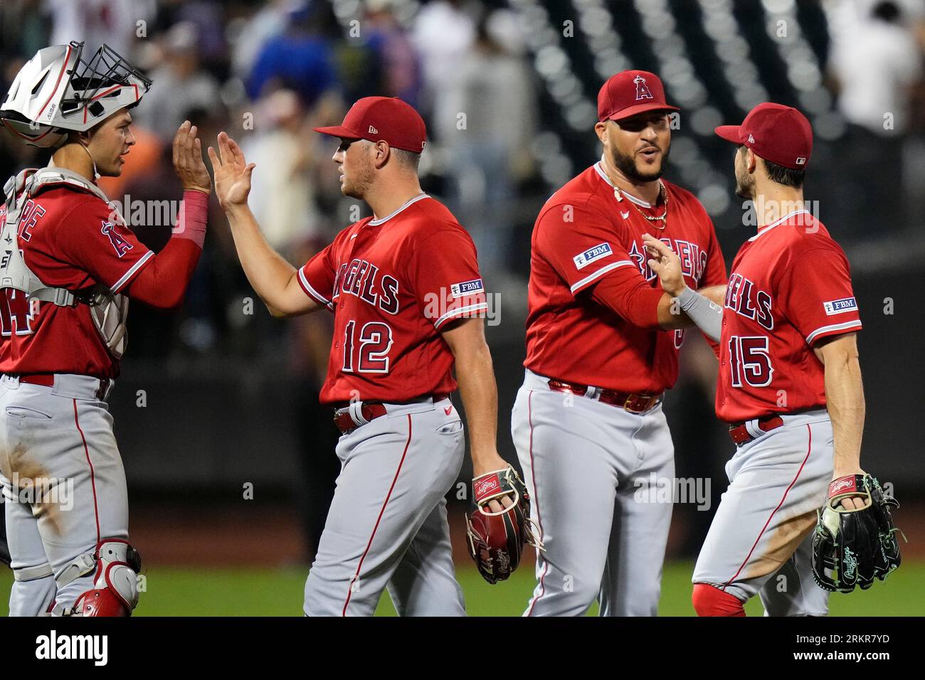 Los Angeles Angels catcher Logan O'Hoppe, left, celebrates with ...