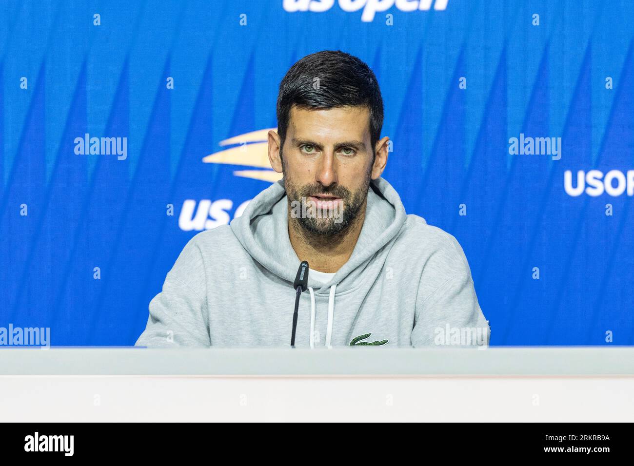 New York, USA. 25th Aug, 2023. Novak Djokovic of Serbia speaks to press ...