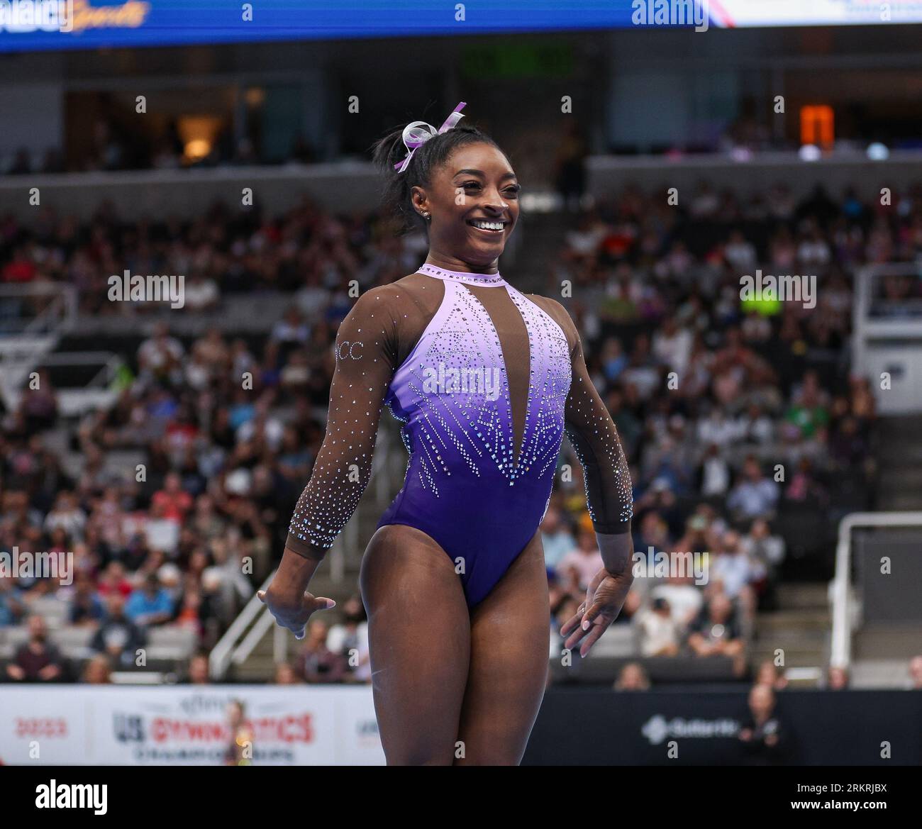 August 25, 2023: Simone Biles smiles during her floor routine at Woman ...