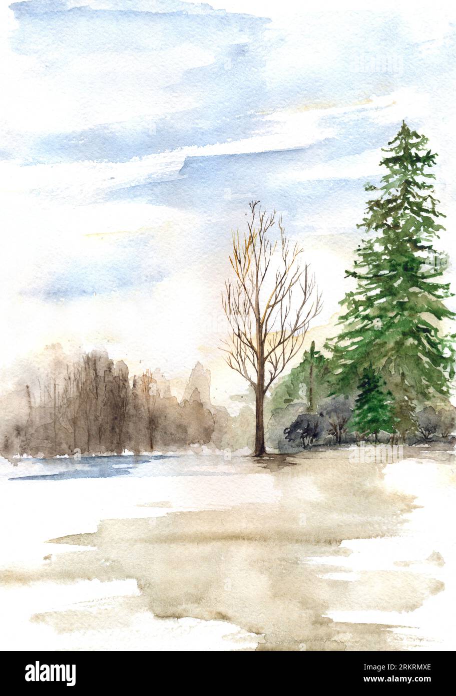 Watercolor spring sunny wood forest flood landscape Stock Photo - Alamy