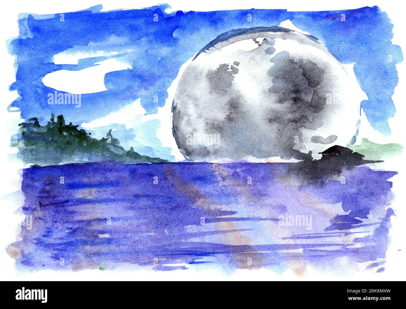 Watercolor blue moon night river fantasy landscape Stock Photo - Alamy