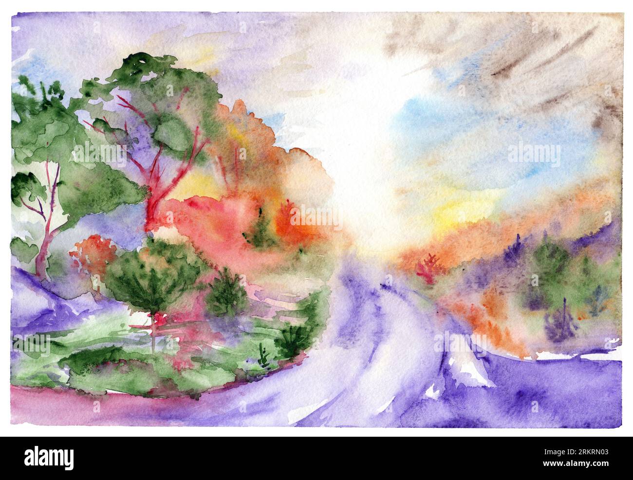 Watercolor violet road trees pines wood forest landscape Stock Photo ...