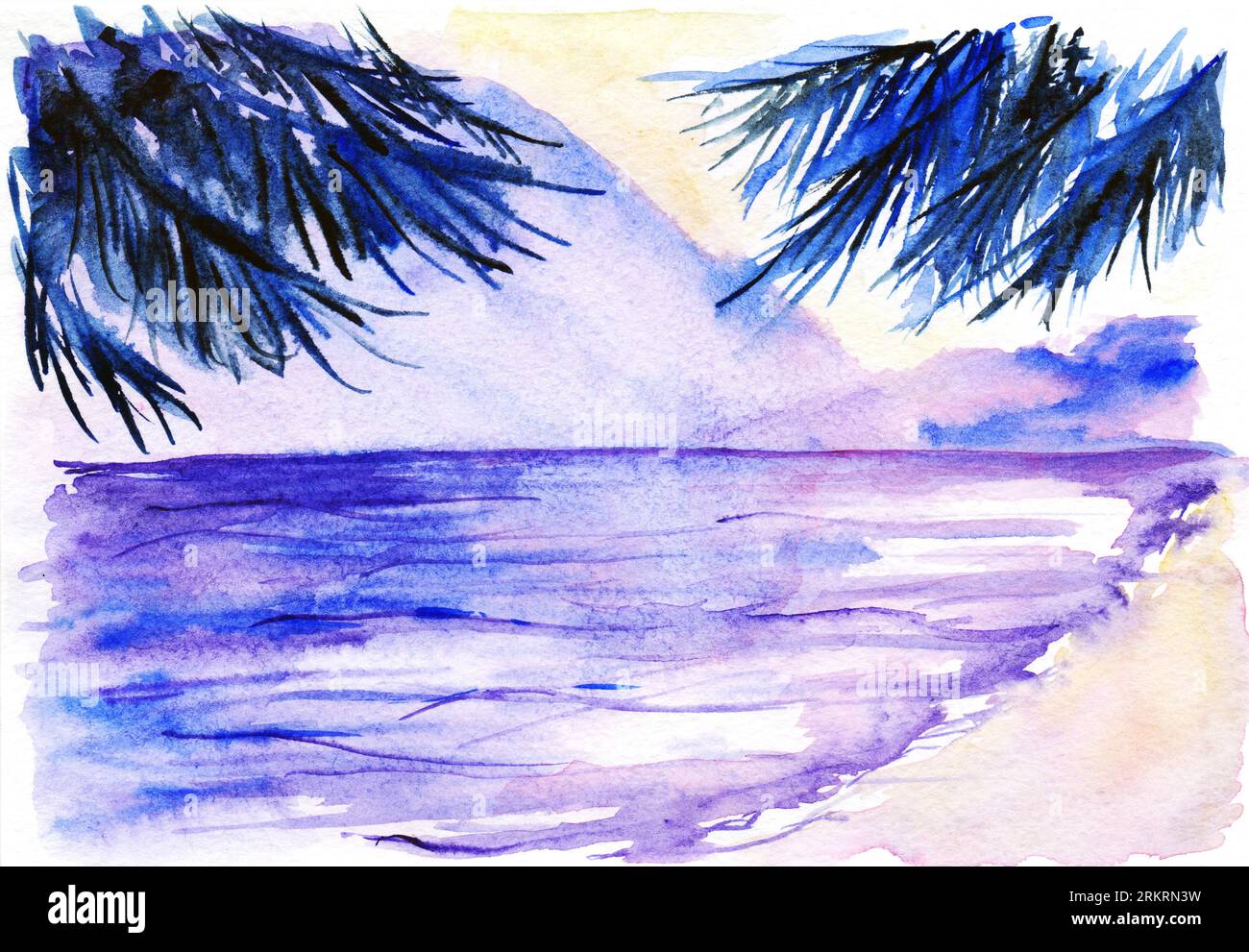 Watercolor violet ocean beach sunset palms landscape Stock Photo - Alamy