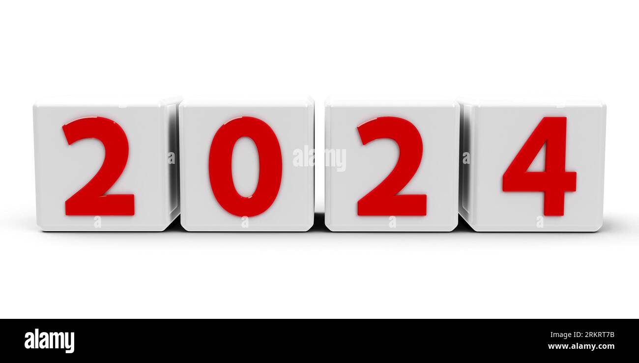 White cubes with red number - 2024 - on a white table, three ...