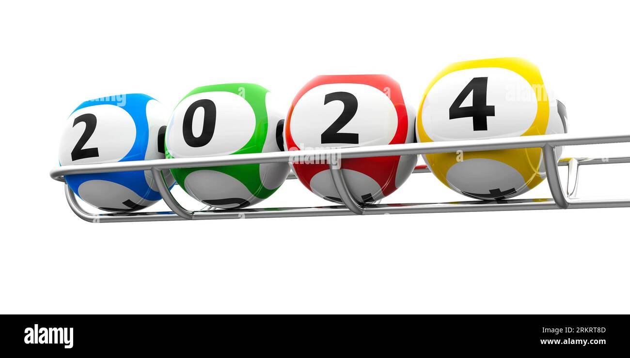 Lottery balls on a metal basis represents the new 2024, three ...