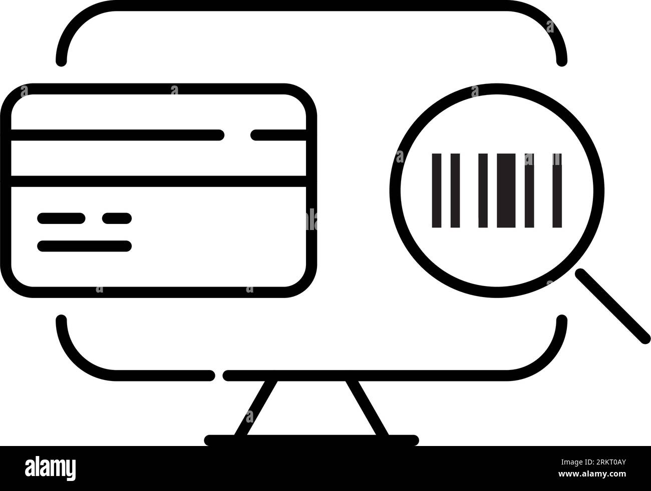 Scanning a barcode. Magnifying glass, credit card and desktop computer ...