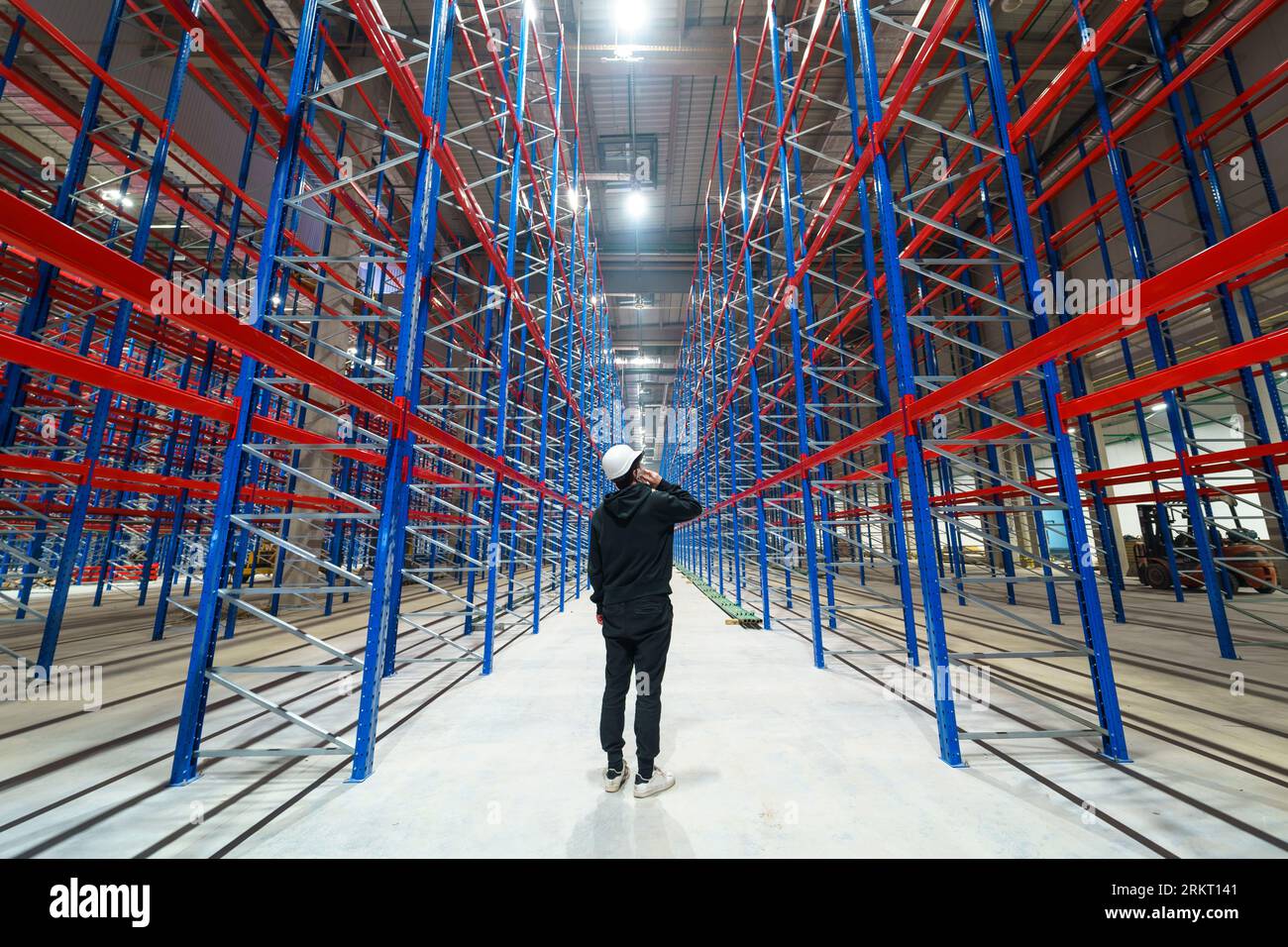 Commercial huge empty distribution warehouse with high racking Stock ...