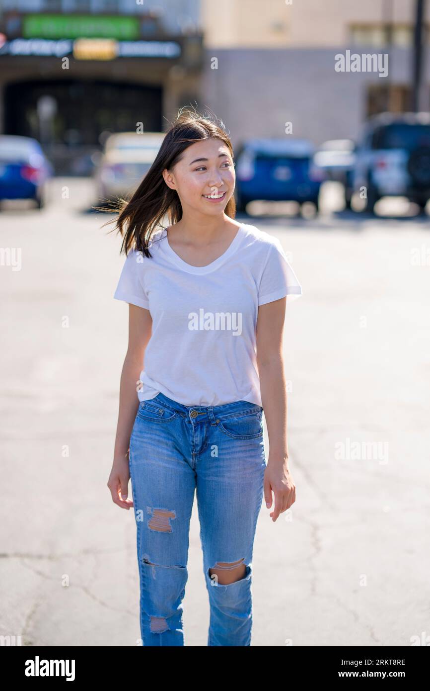 Happy Young Beautiful Asian Woman Walking in a Downtown Parking Lot ...