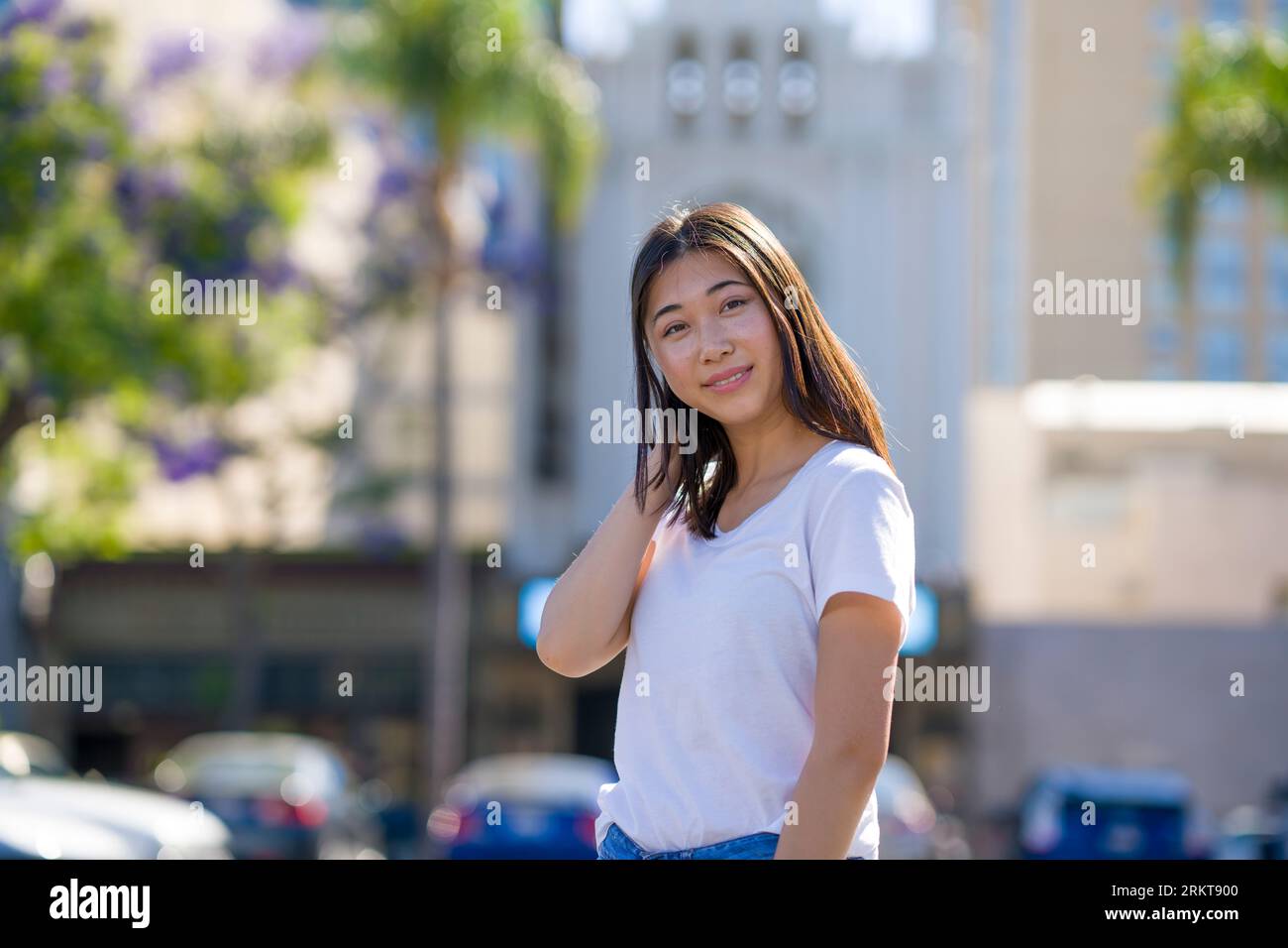 Happy Young Beautiful Asian Woman Walking in a Downtown Parking Lot ...