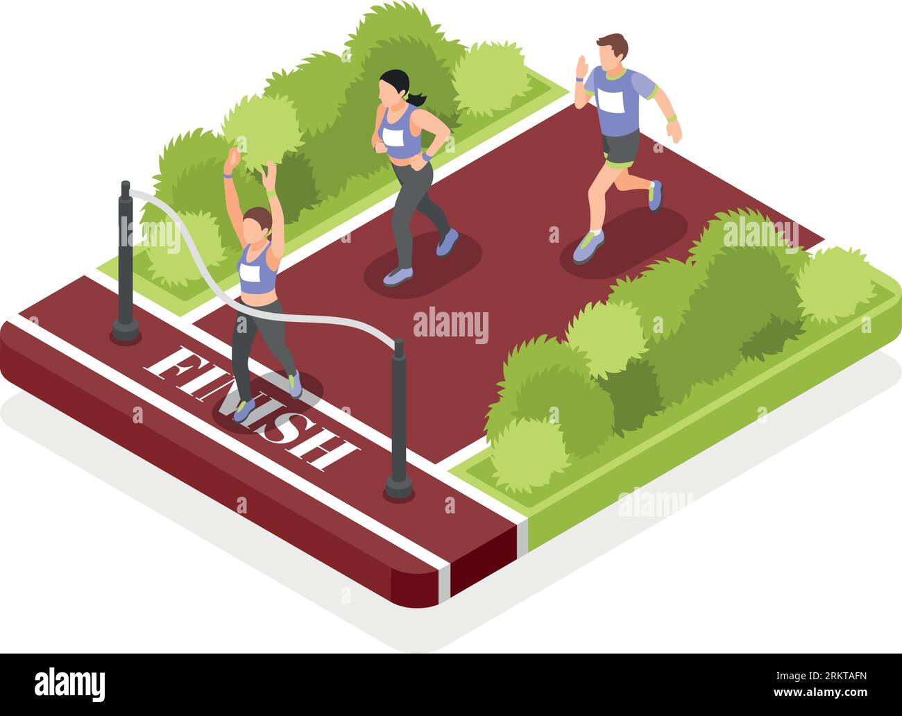 Marathon finish isometric design concept with female runner winning ...