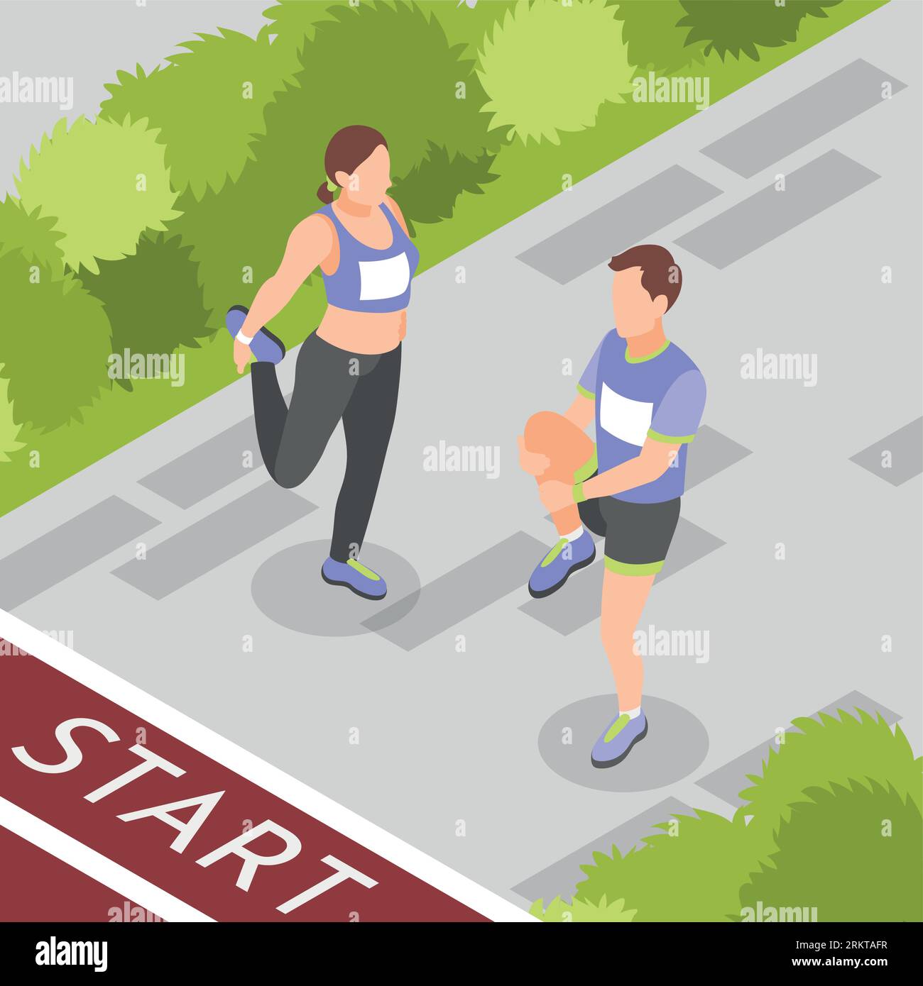 Marathon start isometric background with two runners warming before ...