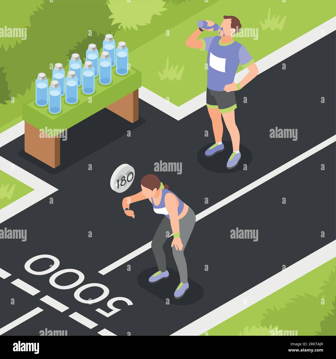 Marathon runners isometric background with athletes drinking water and ...
