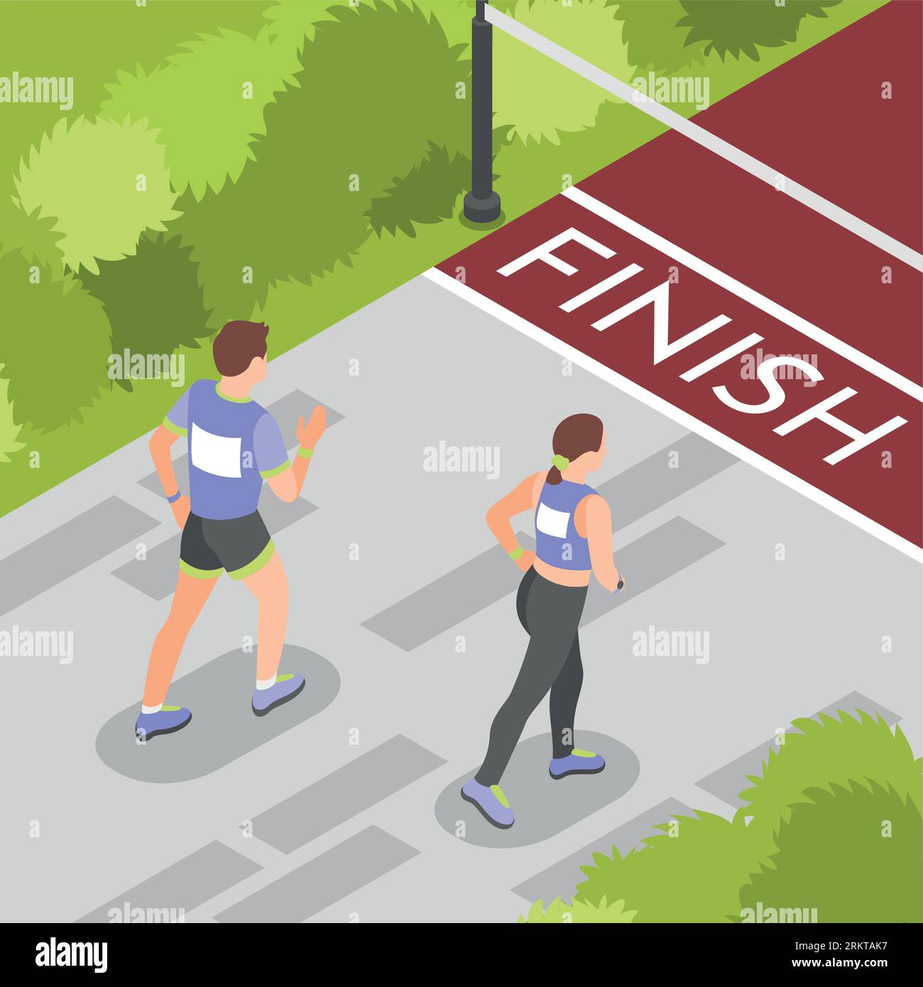 Young marathon runners getting closer to finish line isometric background 3d vector illustration ...