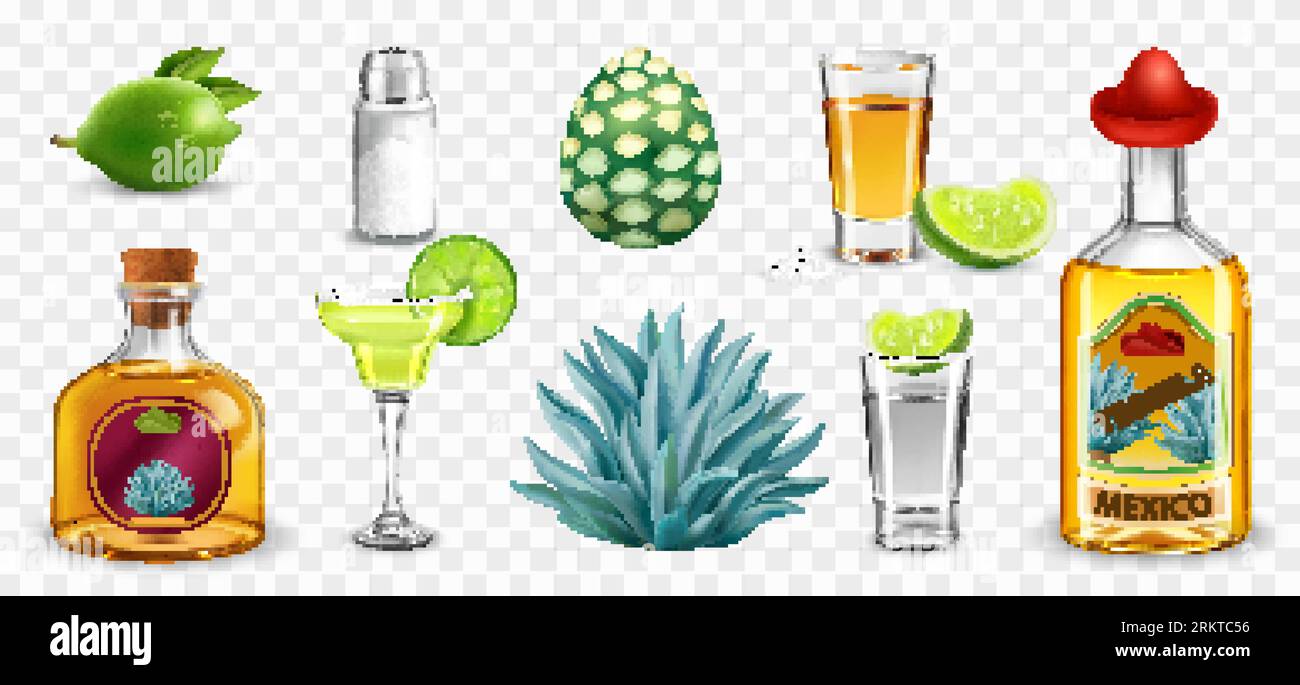 Tequila as national drink realistic icons set isolated at transparent ...