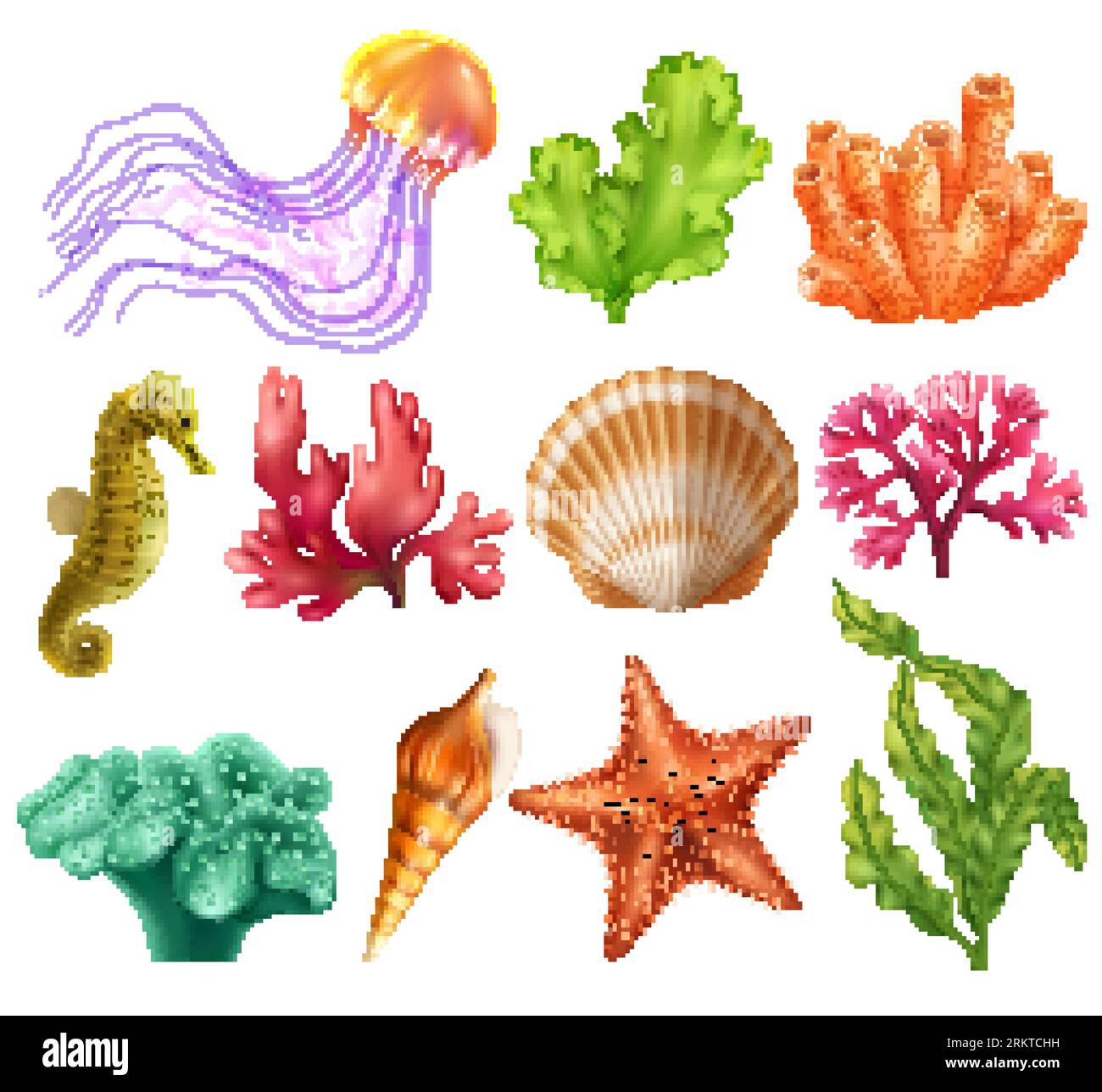 Underwater organism realistic set of jellyfish seashell algae coral ...