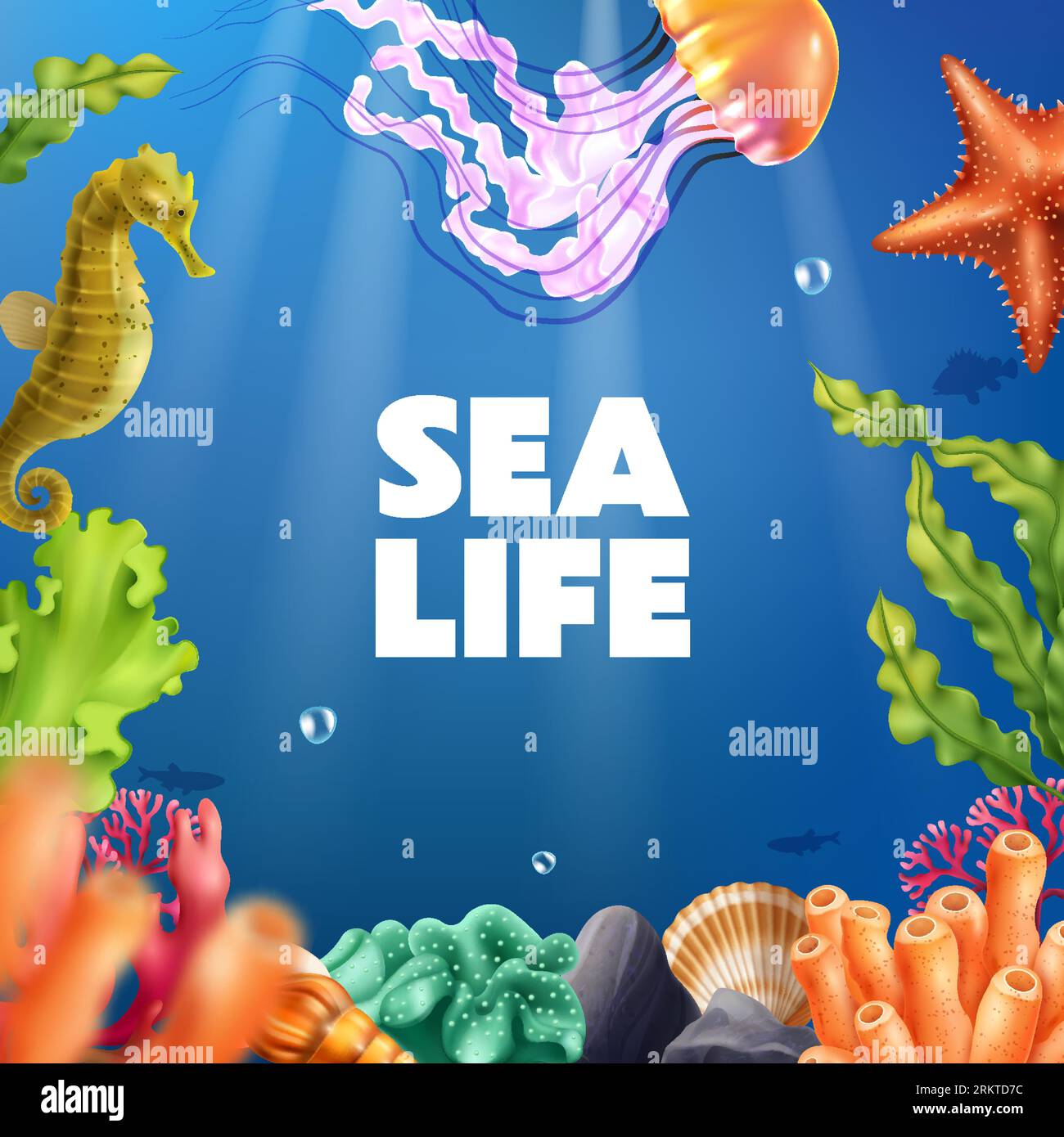Sea life realistic background with reef seaweed coral jellyfish ...