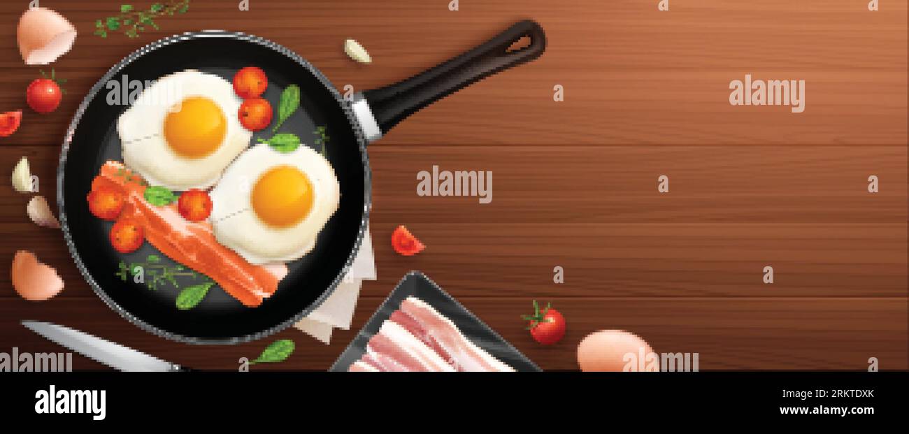 Breakfast realistic composition with frying pan on dark wooden table ...