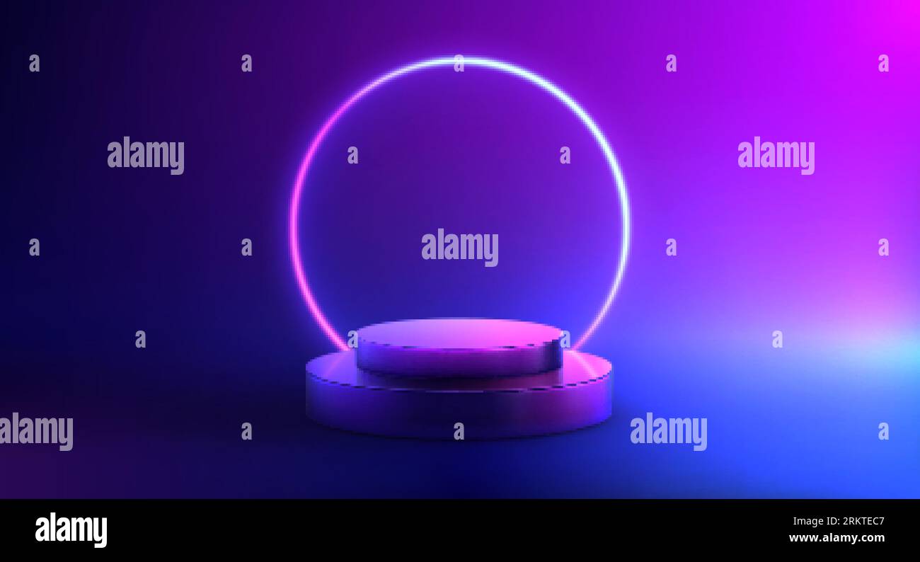 Glowing neon realistic podium composition with dark background circle ...