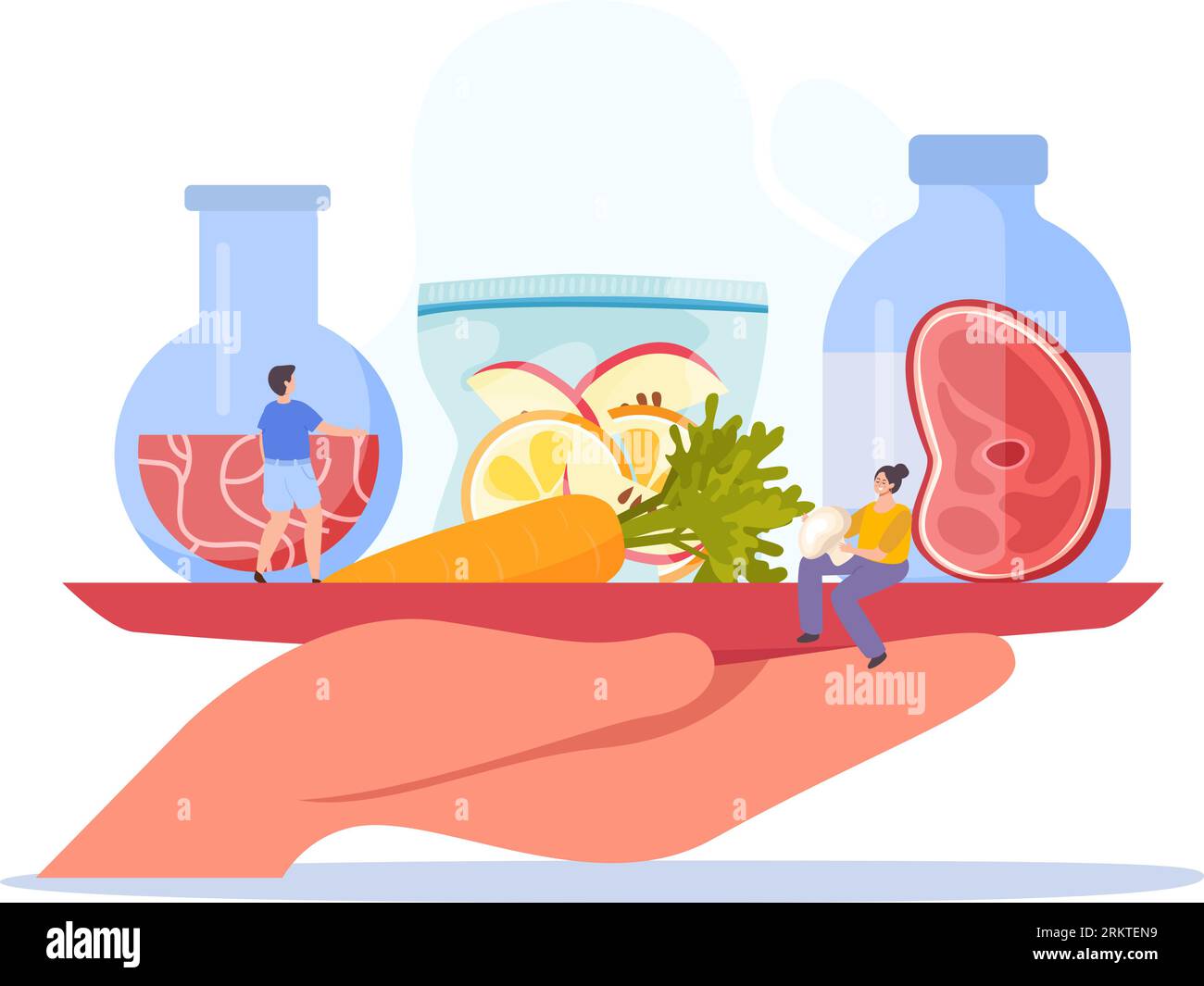 Artificial grown meat flat composition with human hand holding tray ...