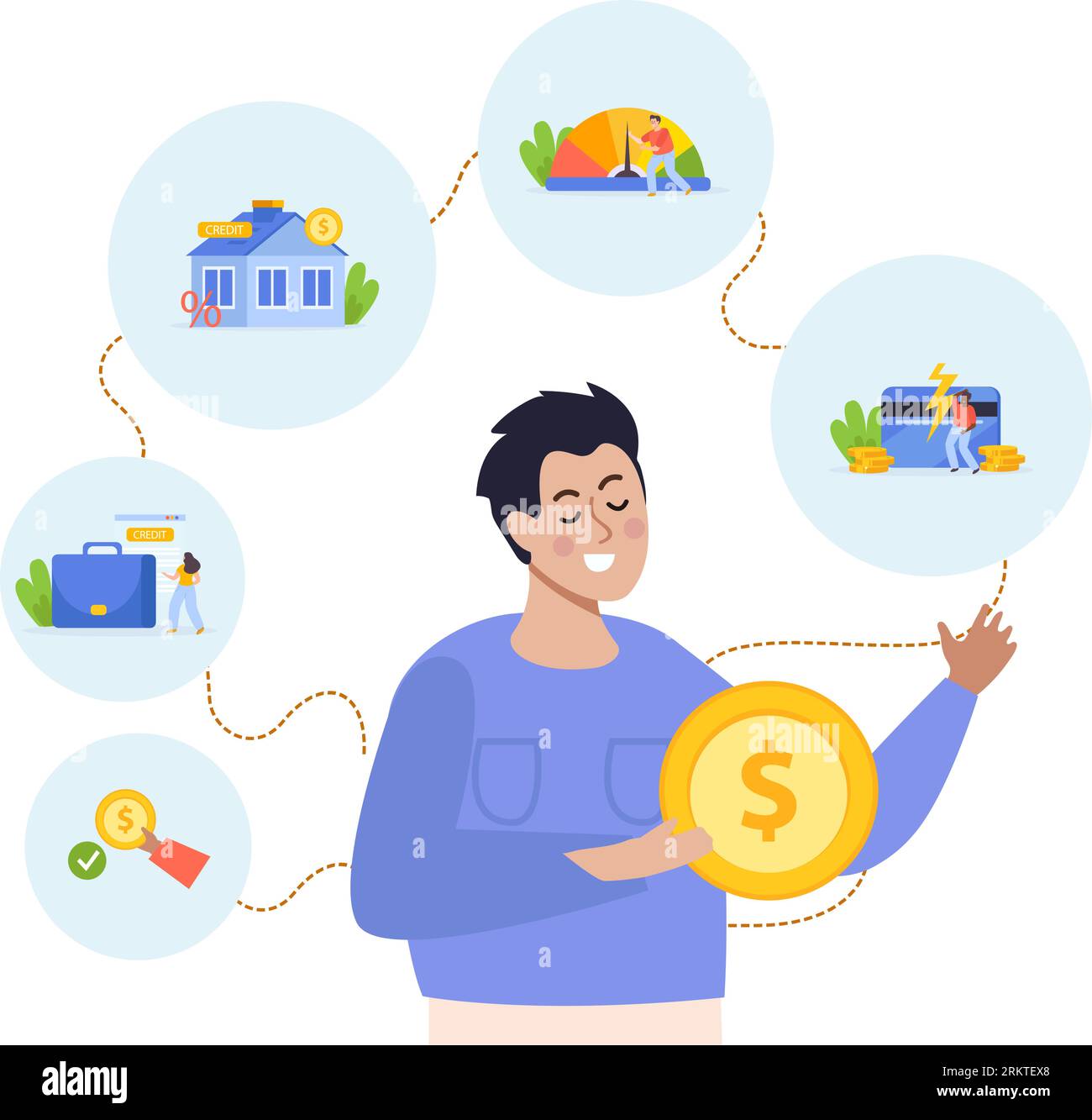 Credit score flat background with male character holding coin ...
