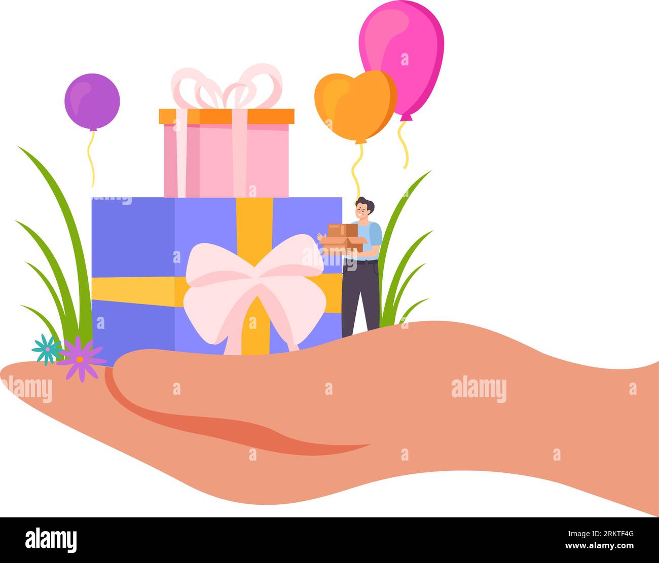 People with boxes flat composition with blank background and view of ...