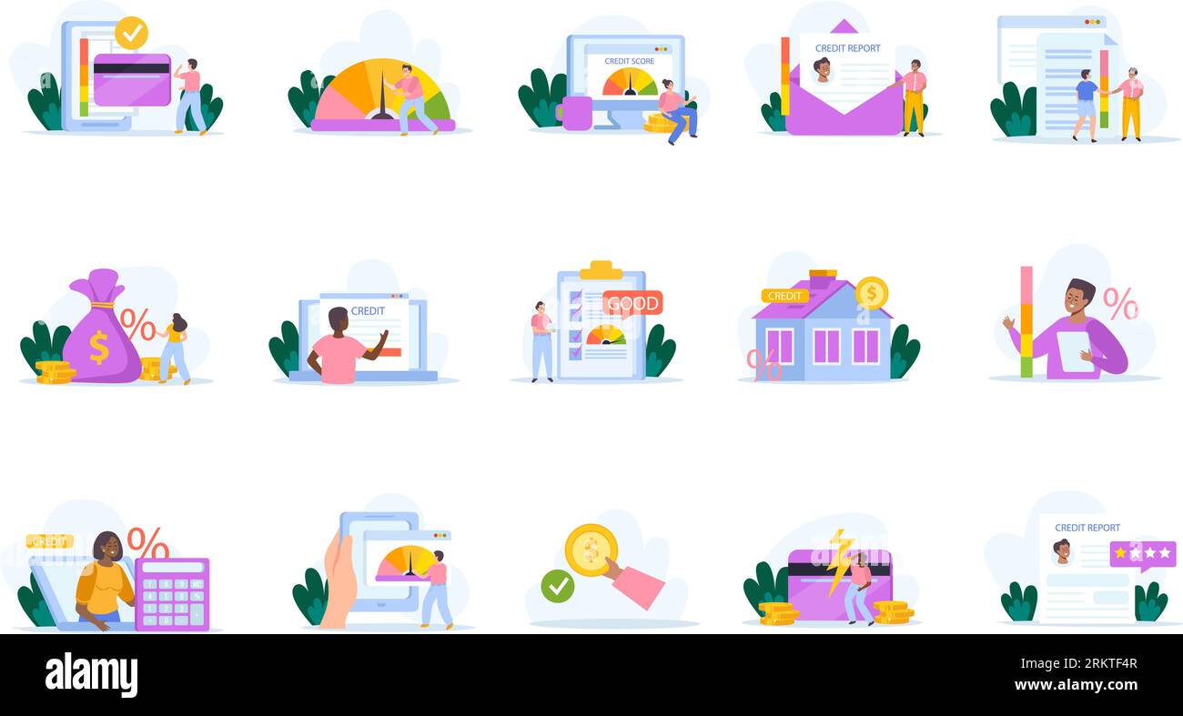 Credit score set of flat isolated icons on blank background with ...