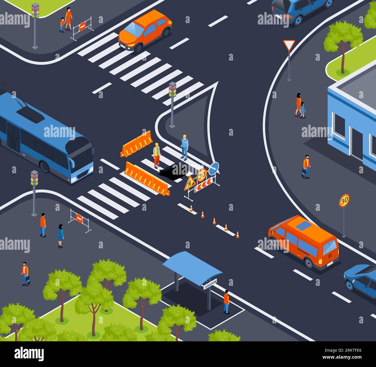 Isometric traffic road barriers composition of city road intersection ...