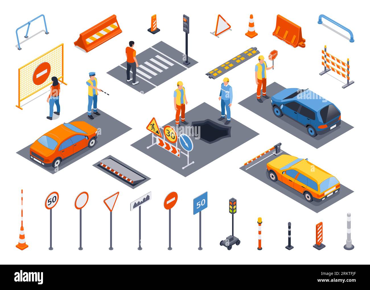Traffic road barriers set with fence and bump symbols isometric ...