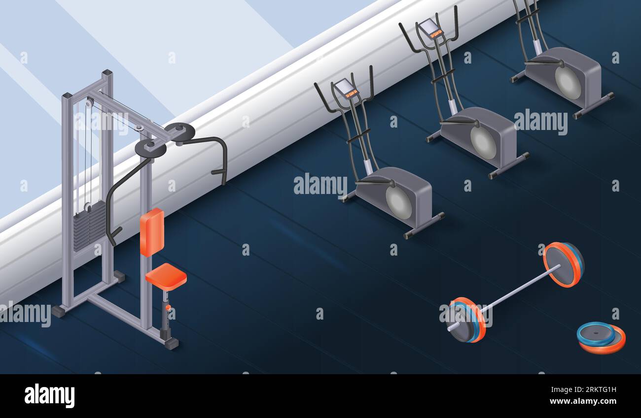 Gym interior with modern equipment elliptical trainers barbell and ...