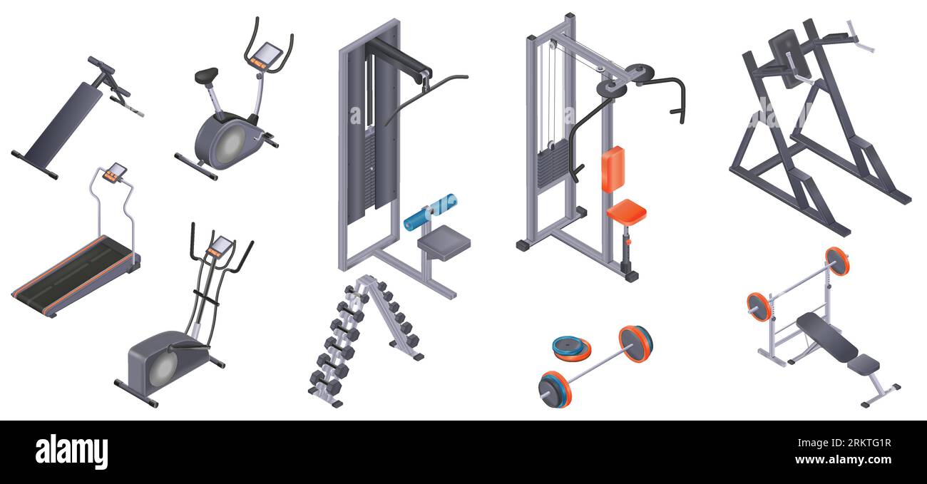 Realistic set of gym equipment with upper block barbell treadmill ...