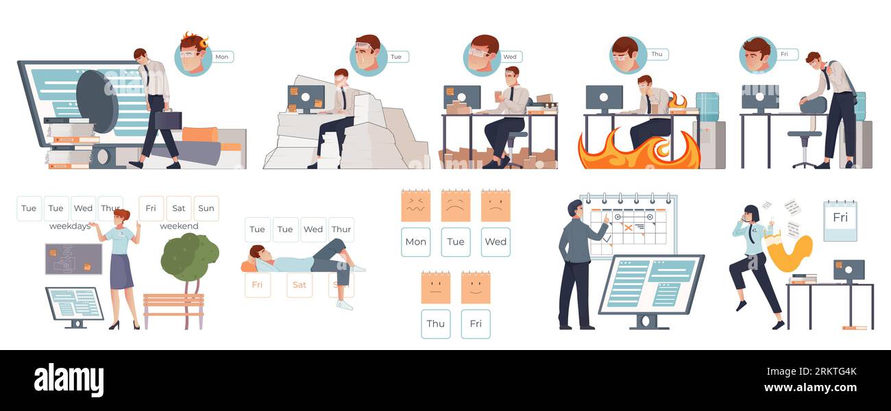 Work week flat set of tired and busy office workers isolated vector illustration Stock Vector ...