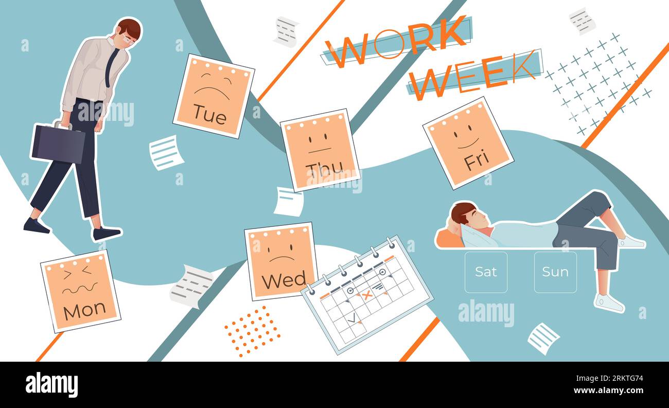 Work week collage in flat style with calendars and tired officer worker ...