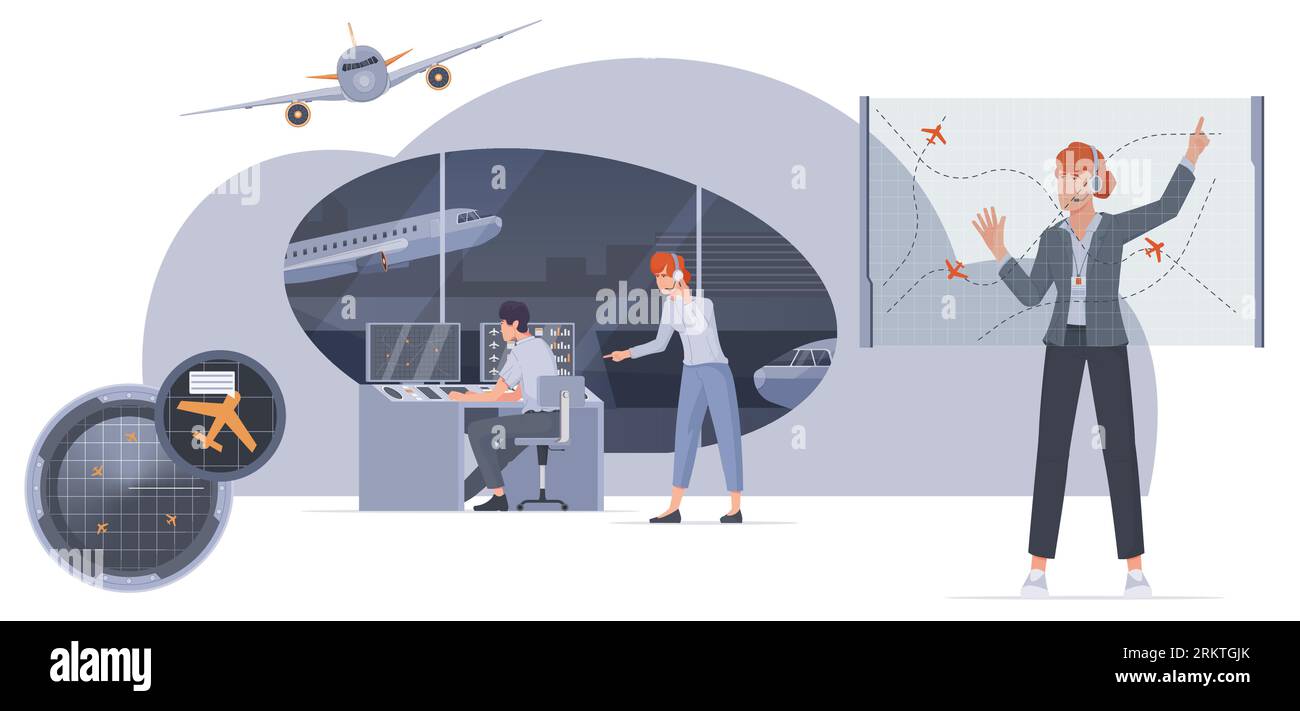 Air traffic control team working in airport tower watching monitors ...