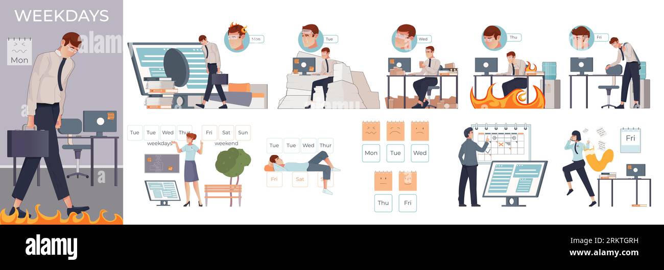 Different mood of office worker during work week flat composition set ...