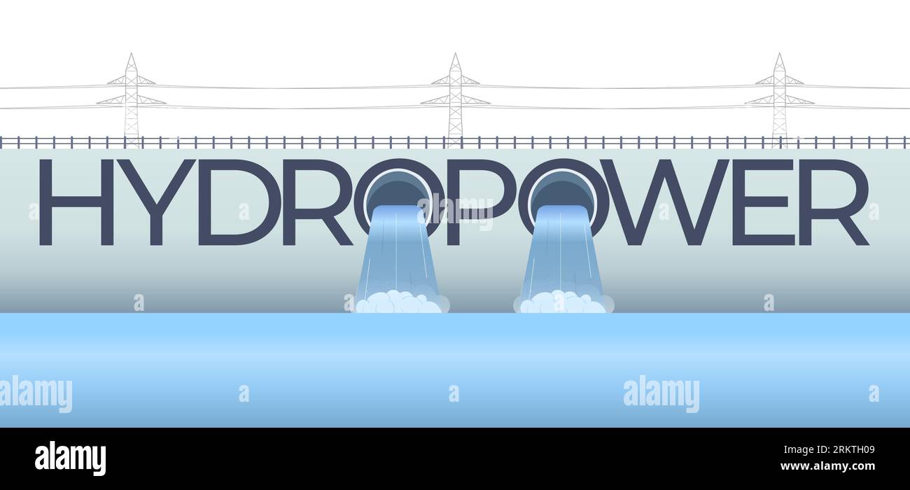 Hydropower flat text banner with hydro station dam and water flows ...