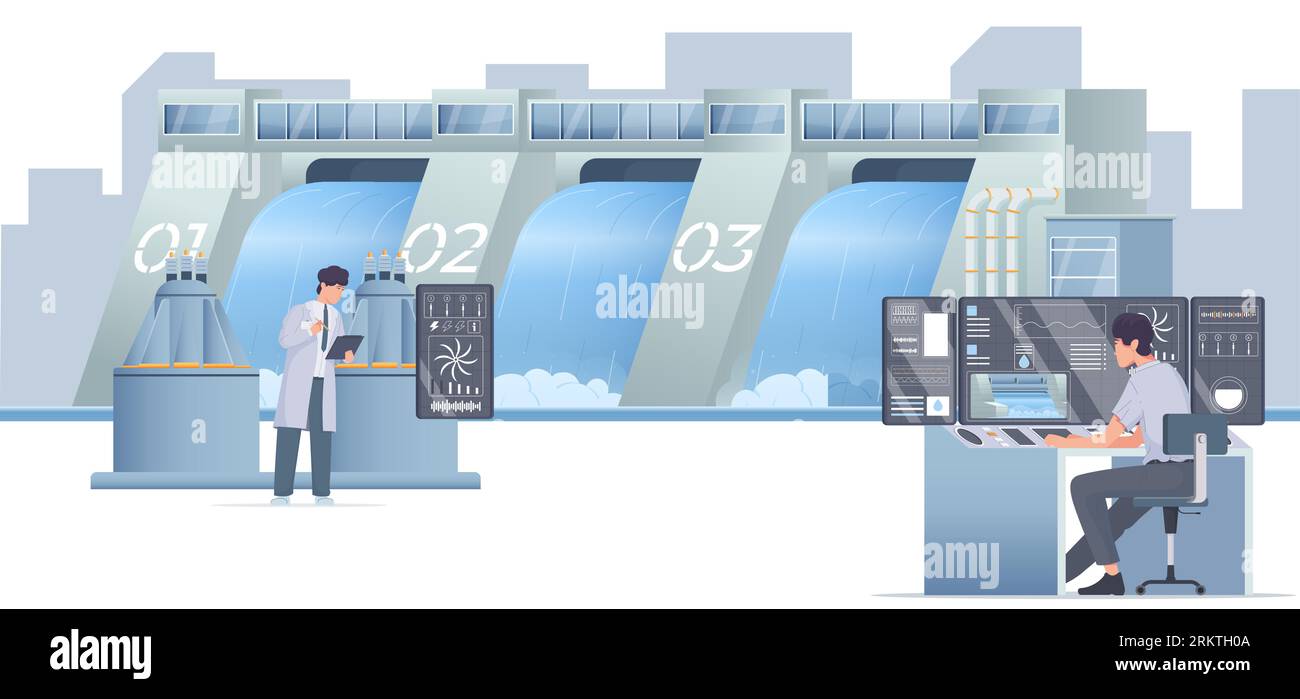 People monitoring work of hydro power station with dam in background ...