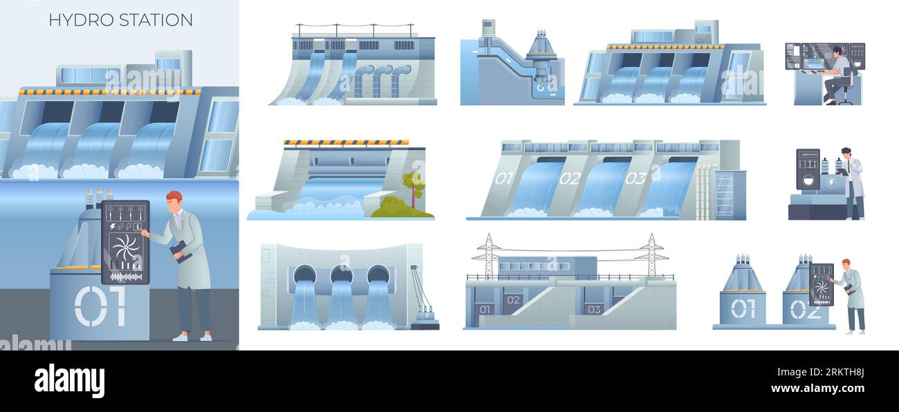 Hydro station flat composition set with types of hydroelectric power ...