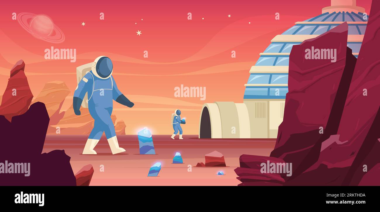 Mars colonization composition with planetary surface landscape orange ...