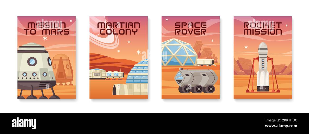 Mars colonization poster set with four vertical compositions of ...